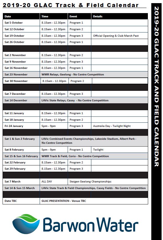 2019-2020 GLAC T&F Season Calendar – South Barwon Athletics Club